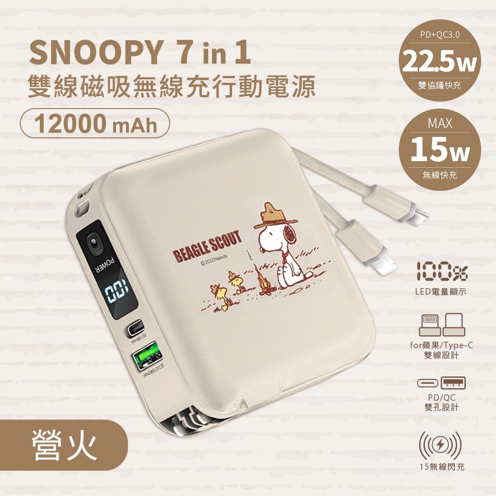 【SNOOPY史努比】 七合一雙線磁吸無線充行動電源⭐️以柔專屬價 | meimaii 美賣